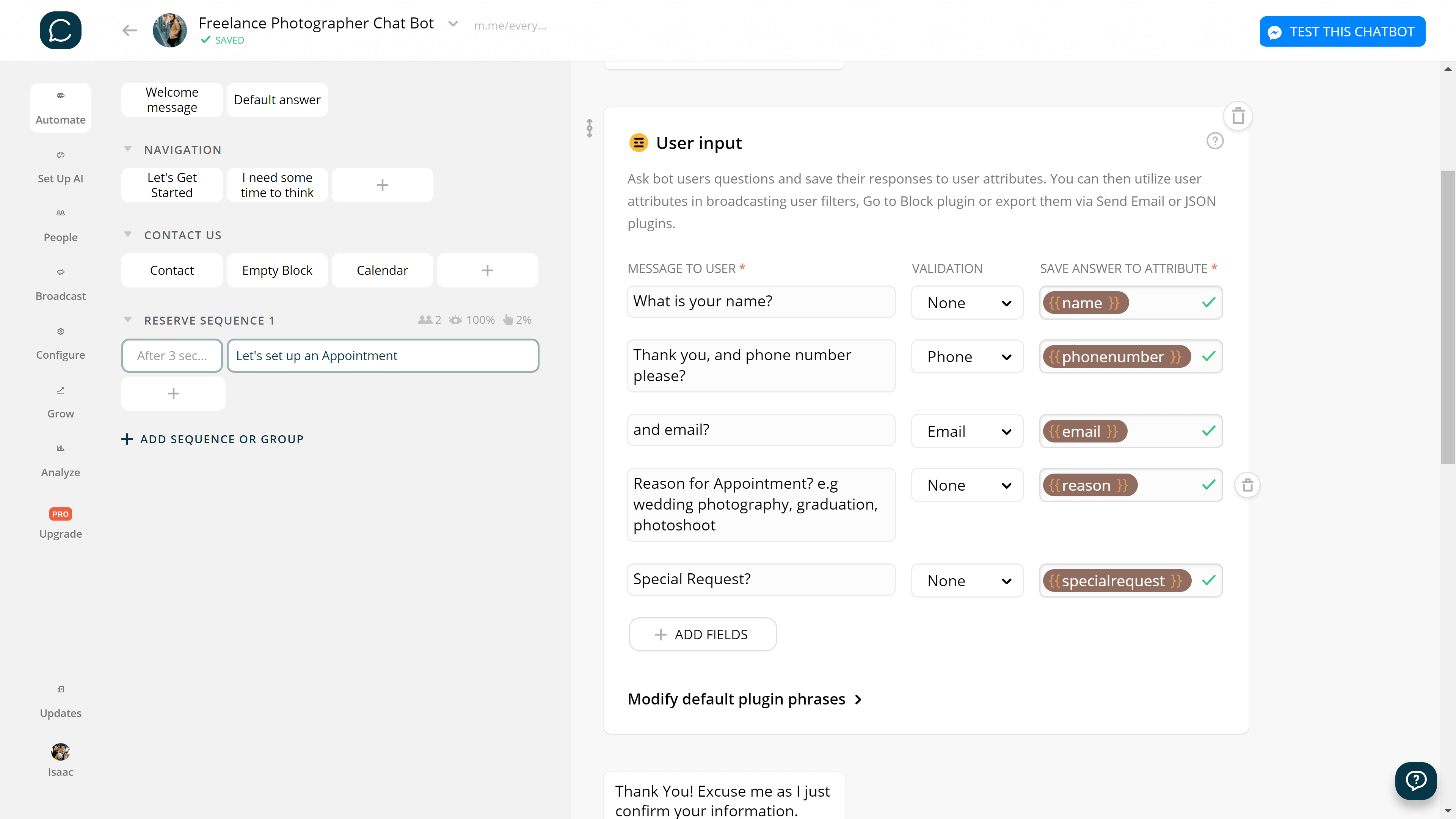 Simple Free Lance Photographer Chat Bot - Botmakers